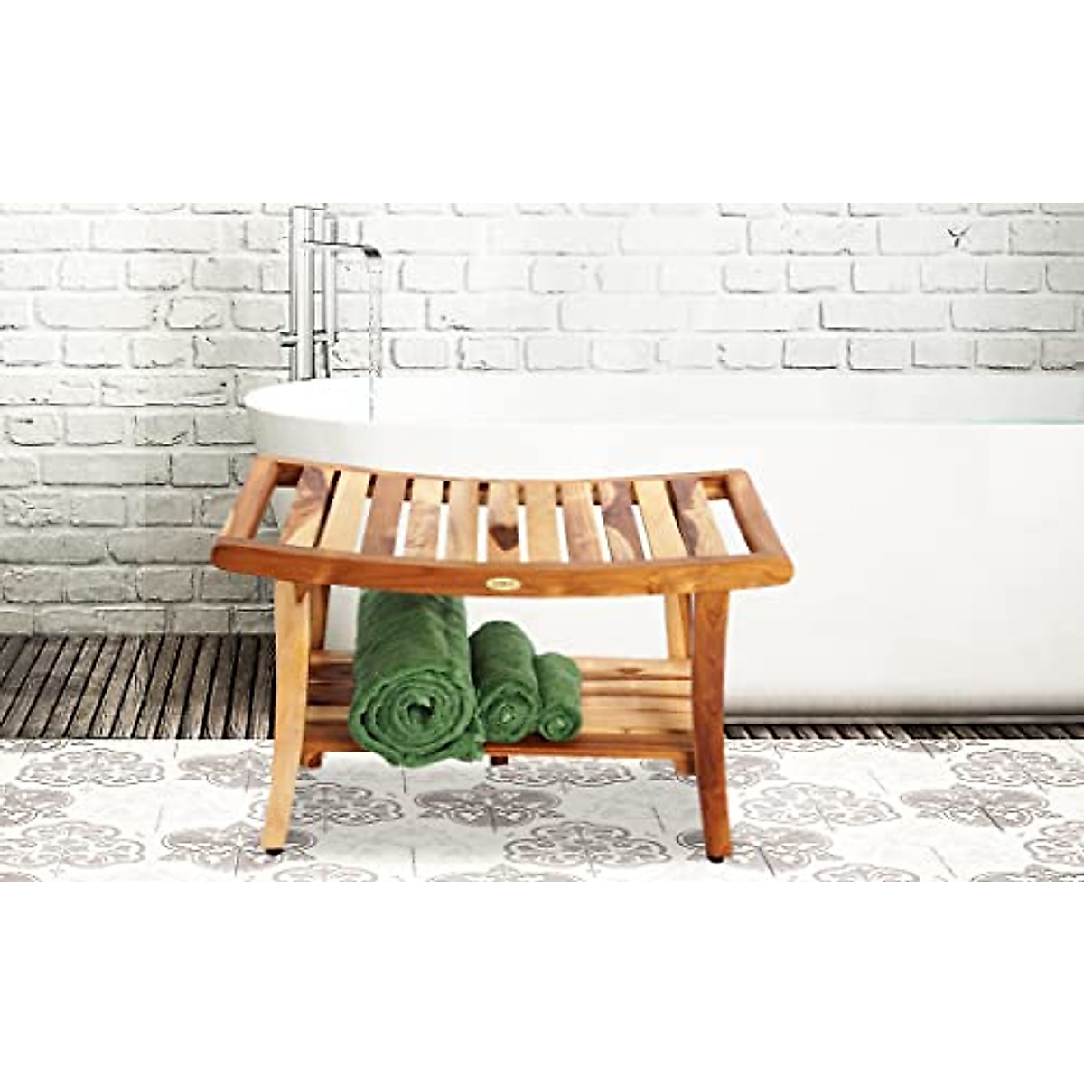 EcoDecors Harmony Teak Shower Bench 30" Long Natural Wood Shower Bench with Shelf and LiftAide Arms Shower Stool in Earthy Teak Finish for Indoors and Outdoors