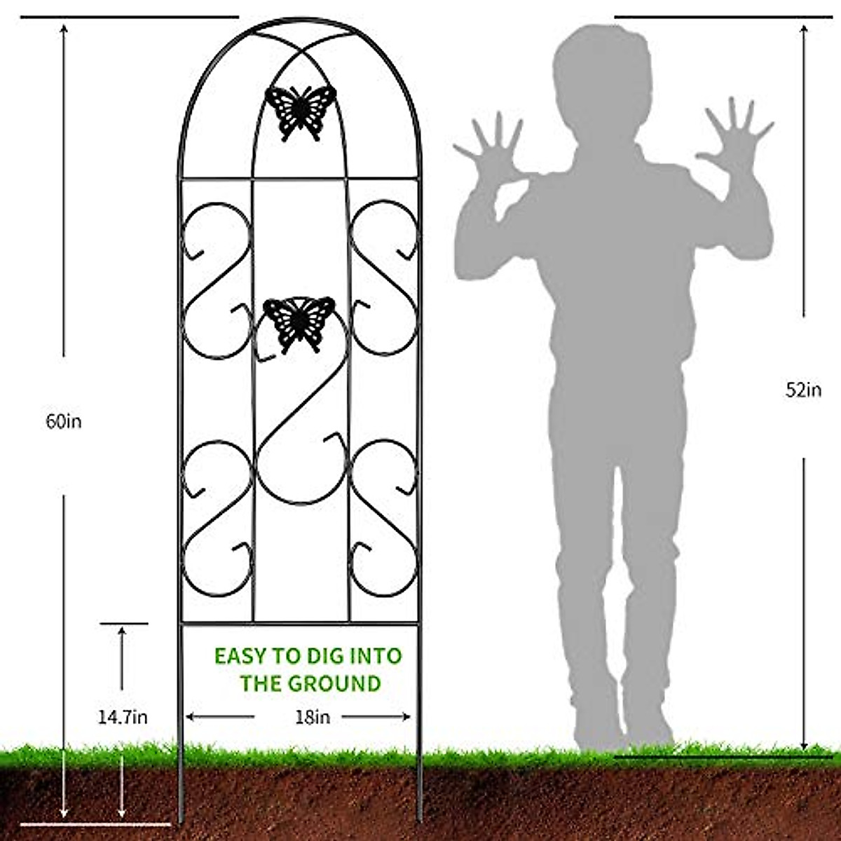 AMAGABELI GARDEN & HOME Garden Trellis 60"x 18" Rustproof Black Iron Butterfly Potted Vegetables Flowers Patio Metal Lattices Grid Panels