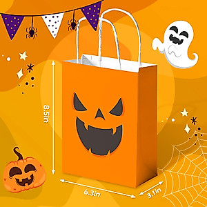 NiHome 16-Pack Halloween Pumpkin Kraft Paper Treat Bags with Handles - Assorted Jack-o'-lantern Designs for Trick or Treat, Party Favors, Candy, Cookies, and Gifts