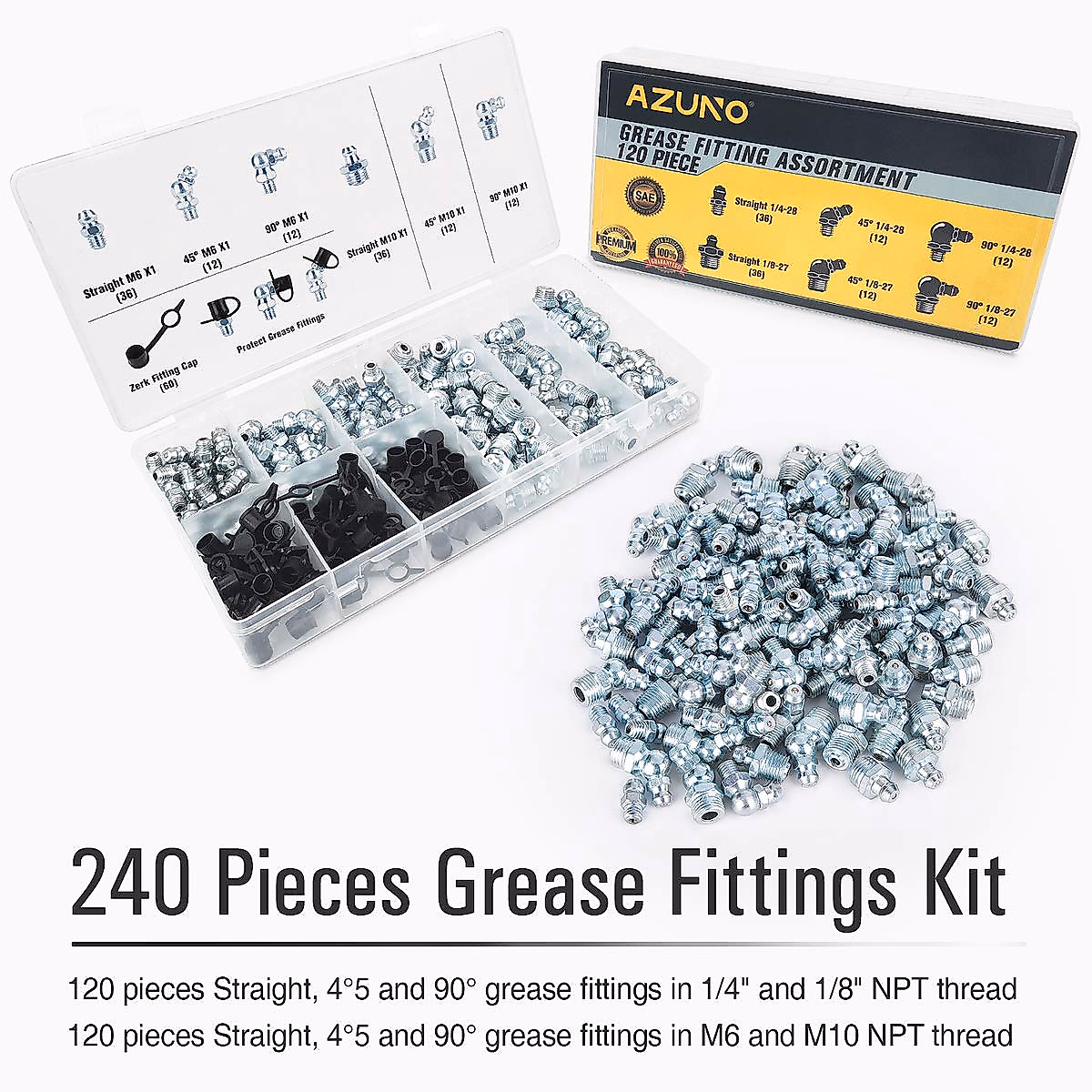 AZUNO Hydraulic Grease Fittings, 240 Pieces SAE & Metric Grease Fitting Assortment with 120 PCS Grease Fitting Caps, Standard Grease Gun Fittings Perfect for Replacing Missing or Broken Zerk Fitting