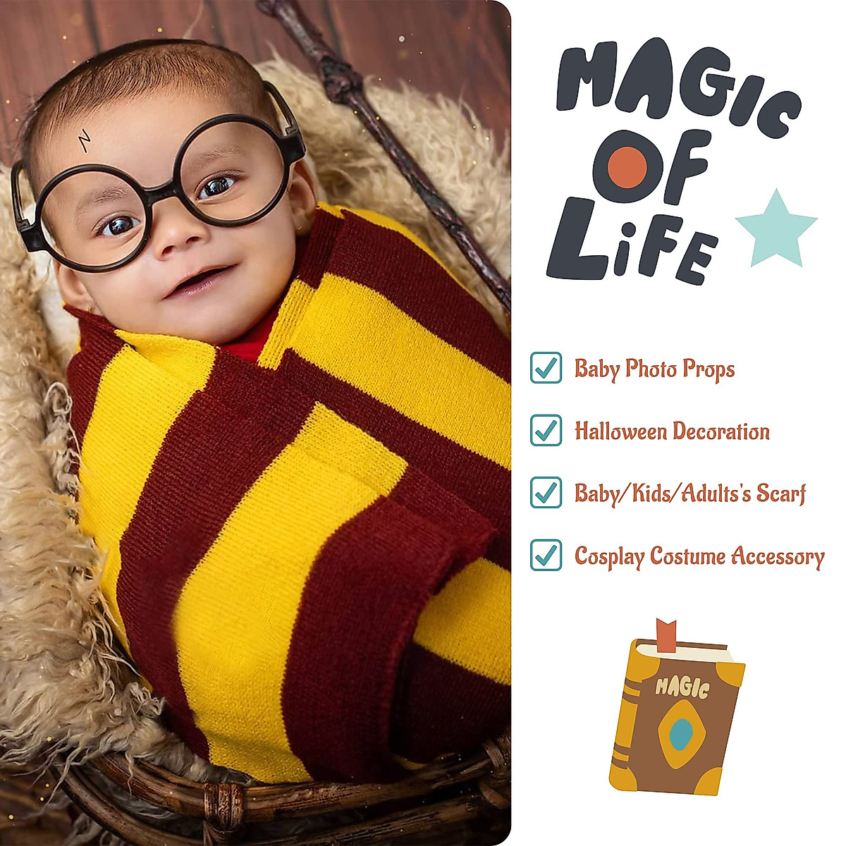 M&G House Newborn Photography Props Magic Novelty Scarf Wizard Glasses Crochet Wand Halloween Baby Photoshoot Props Scarf Eyeglass Baby Photo Props Halloween Cosplay Scarf Party Costume Supplies