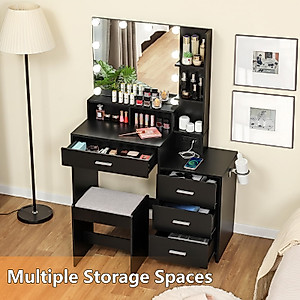 usikey Large Vanity Table Set with Lighted Mirror & Charging Station, Makeup Vanity Dressing Table with 4 Storage Shelves and 4 Drawers, Vanity Desk with 3-Drawer Chest and Cushioned Stool, Black