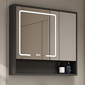 AmpleCharmic 24'' Medicine Cabinet Mirror, Barhroom Medicine Cabinet with LED Light, 3-Color, Dimmer, Defogger, Greywalnut