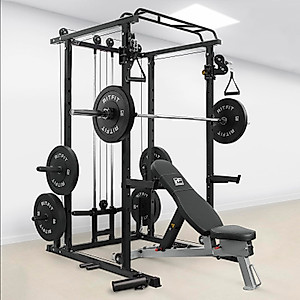 RitFit Multi-Function Power Cage with Adjustable Cable Crossover System,1000LBS Capacity Squat Rack, Full Home Gym Workout with J-Hook, Landmine and Other Attachments (2023 Version PPC03)-Black