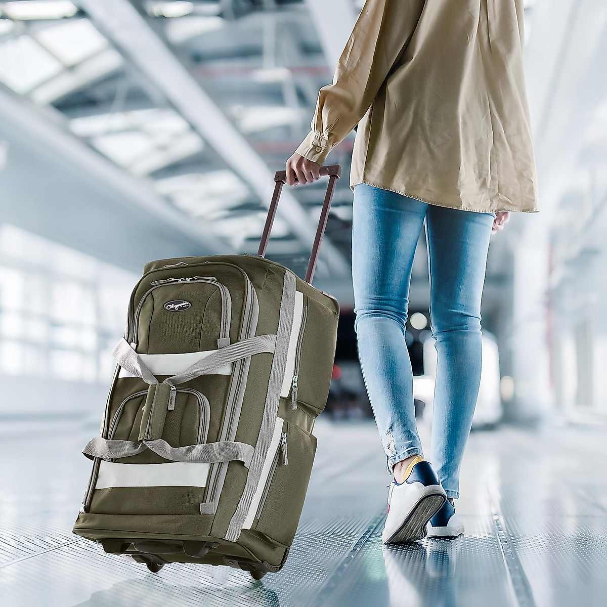 Olympia U.S.A. 22 inch Carry On 8 Pockets Wheeled Rolling Duffel Bag Water Resistant Luggage Lightweight Travel Suitcase with Retractable Handle