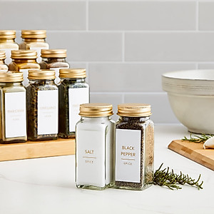 140 Pieces Gold Spice Jar Labels, Minimalist Preprinted All Caps Text on White Stickers for Seasonings, Herbs, Kitchen Organization (Water Resistant)