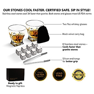 flybold Whiskey Glass Set Whiskey Stones Gift Set Whiskey Rocks Best Man Gifts for Wedding with 8 Stainless Steel Ice Cubes for 3X Faster Cooling 2 Glasses Gift Packing