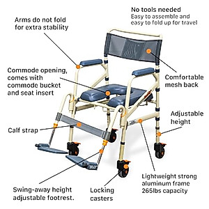 Durable Aluminum Lightweight Folding Shower Chair - Bathroom Wheelchairs Combo with Flip-Up Removable Footrests - Shower Wheelchair for Elderly and Disabled, Shower Chairs for Seniors - Shower Buddy