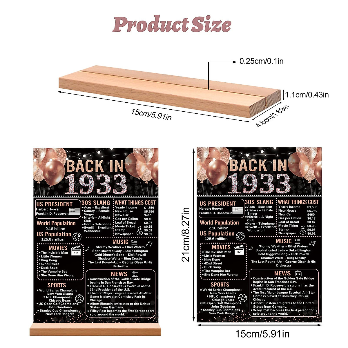 Trgowaul 90th Birthday Decorations Set: Includes Rose Gold Birthday Backdrop Banner 5.9 X 3.6 Fts, Rose Gold Back in 1933 Birthday Poster Acrylic Table Sign with Stand