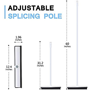 Push Broom, Soft Bristle Rubber Sweeper Squeegee Edge with 60 inches Adjustable Long Handle, Non Scratch Bristle Broom for Pet Dog Hair Carpet Hardwood Floor Tile Windows Cleaning (White)