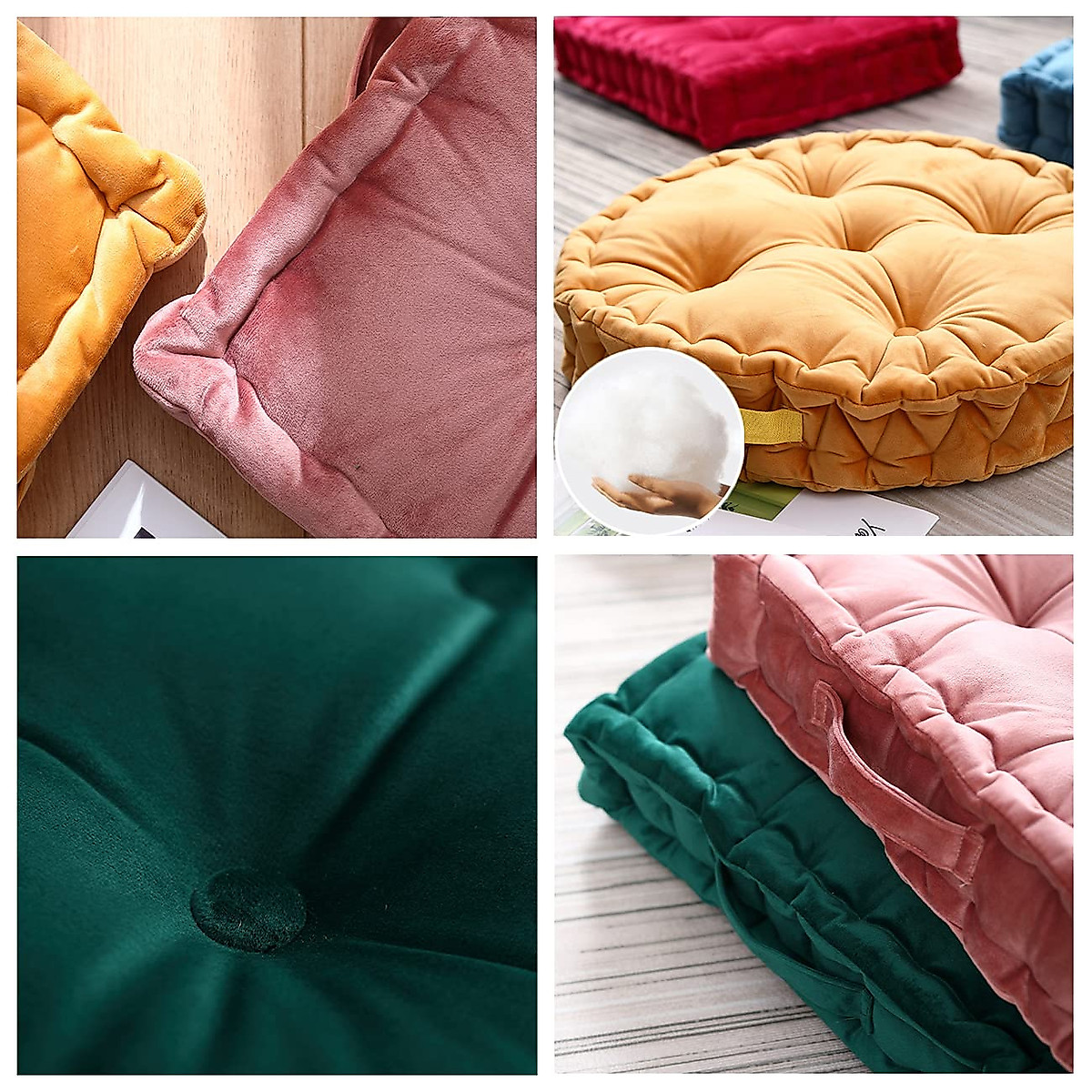 Wadser Tufted Velvet Floor Cushion, Round Thick Seating Cushion with Carrying Handle, Patio Meditation Pillow Tatami Chair Pads, 20"x20"x3.9", Emerald Green