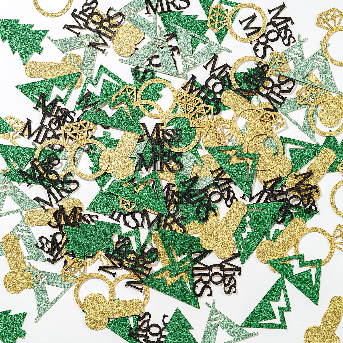 BeYumi Camp Bachelorette Table Confetti - 300Pcs Camping Table Confetti Decorations Table Gold Glitter Diamond Ring Miss to Mrs Mountain Tent Paper Confetti Decor for Hiking Engagement Party Supplies