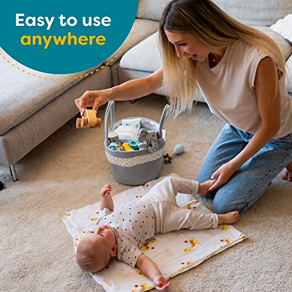 Cradle Star Diaper Caddy Organizer – Portable Baby Basket Diaper Storage Organizer with Compartments – Baby Diaper Caddy for Changing Table Nursery, Elephant Baby Shower Gifts - 100% Cotton Rope, Gray