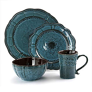 Elama Round Stoneware with Scalloped Edges Dinnerware Dish Set, 16 Piece, Blue