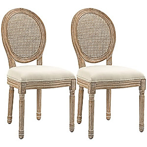 HOMCOM French-Style Upholstered Dining Chair Set, Armless Accent Side Chairs with Rattan Backrest and Linen-Touch Upholstery, Set of 2, Cream White