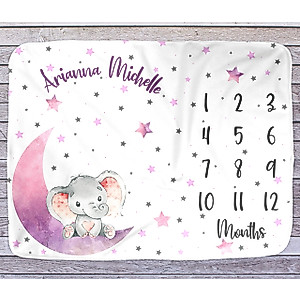 Elephant Baby Milestone Blanket Girl, First Year Monthly Growth Blanket, Personalized Name Month Photo, Love You to The Moon and Back, Baby Girl Shower Gift (Elephant-Pink, Smooth 38x28)