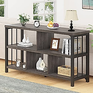 IBF Industrial 5 Cube Storage Organizer Bookshelf, Rustic Low Horizontal Book Shelf, Metal and Wood Cube Bookcase for Bedroom, Modern Wide Cubby Shelf for Living Room Home Office, Dark Grey Oak, 47 In