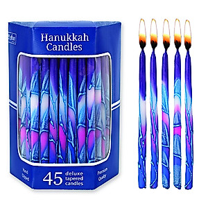 Premium Dripless Hanukkah Candles Thin Tapered Chanukah Candle Set of 45 Enough for Eight Nights of Hanukah Multi Hued Frosted Includes a DIY Dreidel and Prayer Card by Aviv Judaica