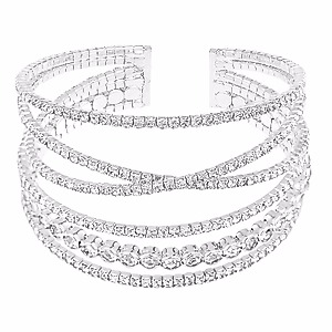 Jojomina MultiLayer Crystal Rhinestone Cuff Bracelet For Women Silver Strand Layered Bridal Bracelet Jewelry for Prom Party Wedding Dating