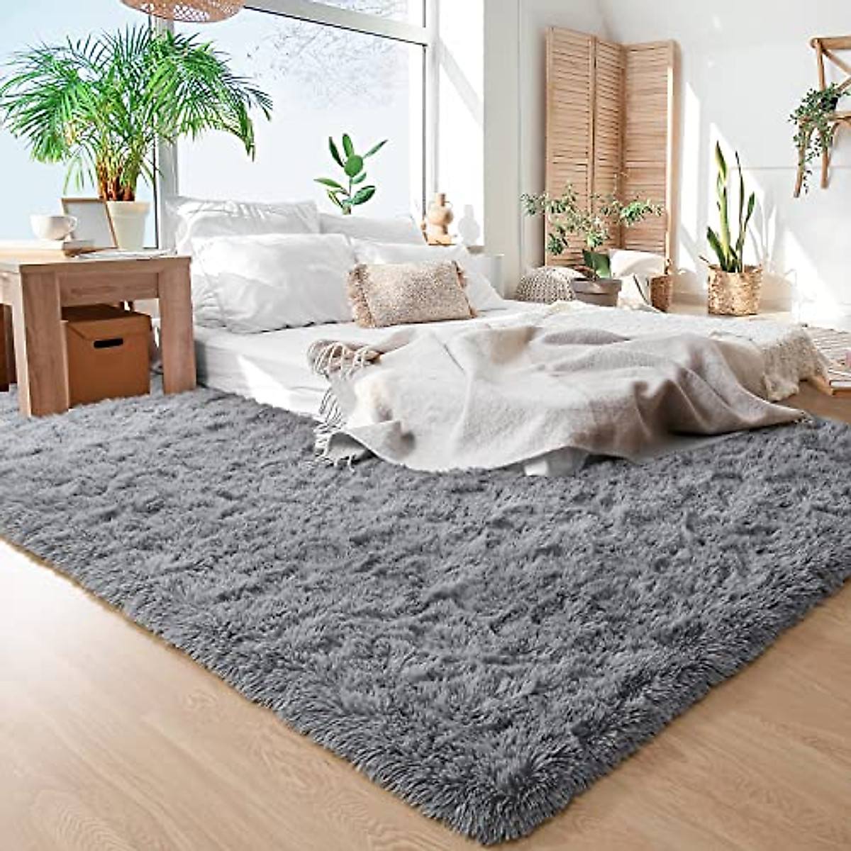 YJ.GWL Soft Fluffy Area Rugs for Bedroom Living Room 4x6 Feet, Grey Plush Shag Carpet Non Slip for Nursery Playroom Dorm, Indoor Modern Fuzzy Rug for Kids Girls Room Home Decor