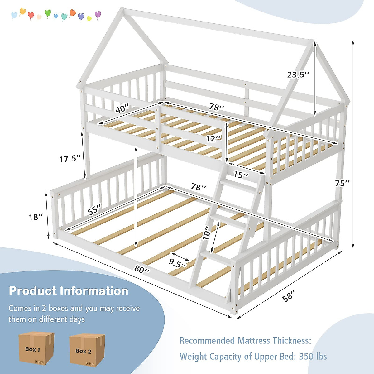 KOMFOTT Wood Twin Over Full House Bunk Bed with Built in Ladder, Solid Pine Wood Bunk Bed Frame with Safety Guardrails, House Bunk Bed Frame for Kids, Teens, Juniors, No Box Spring Needed (White)