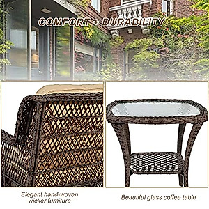 Go Light 3-Piece Patio Wicker Bistro Set of 2 and Side Table Outdoor Swivel Chairs,Rattan Rocker Conversation Set,2 Rocking & Swivel Chairs Brown Rattan Furniture Set w/Khaki Cushions