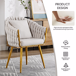 BOSMILLER Woven Dining Chairs, Modern Dining Room Chairs with Gold Metal Non-slip Legs, Curved High Backrest Round Upholstered Dining Chair with Headrest, for Living Room, Dining Room (Beige)