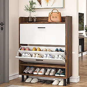 Shoe Storage Freestanding Cabinet with 2 Drawers and Open Shelves for Entryway 2-Tier Brown Wood Oak Finish Adjustable Shelving