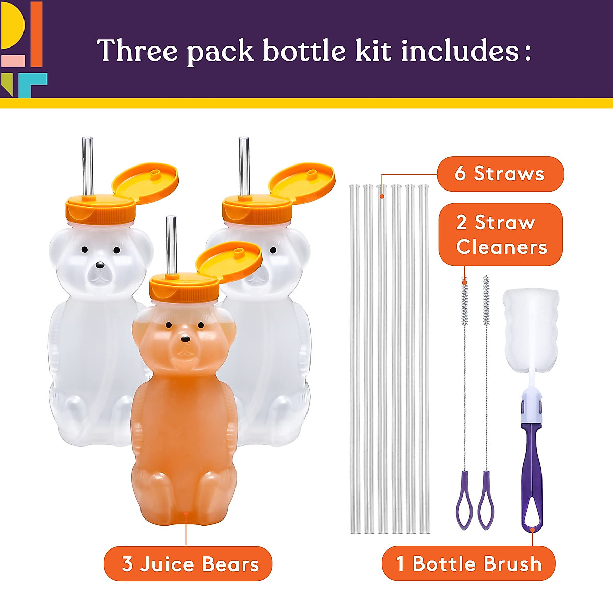 Special Supplies Honey Bear Straw Cup Long Straws, 3-Pack Squeezable Therapy and Special Needs Assistive Drink Container, Spill Proof and Leak Resistant Lid