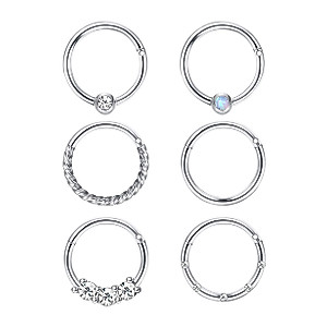 FIBO STEEL Cartilage Hoop Earrings for Men Women Stainless Steel CBR Hinged Clicker Nose Ring Helix Septum Couch Daith Lip Tragus Piercing Sleeper Earrings Jewelry Set Silver 18G 8MM
