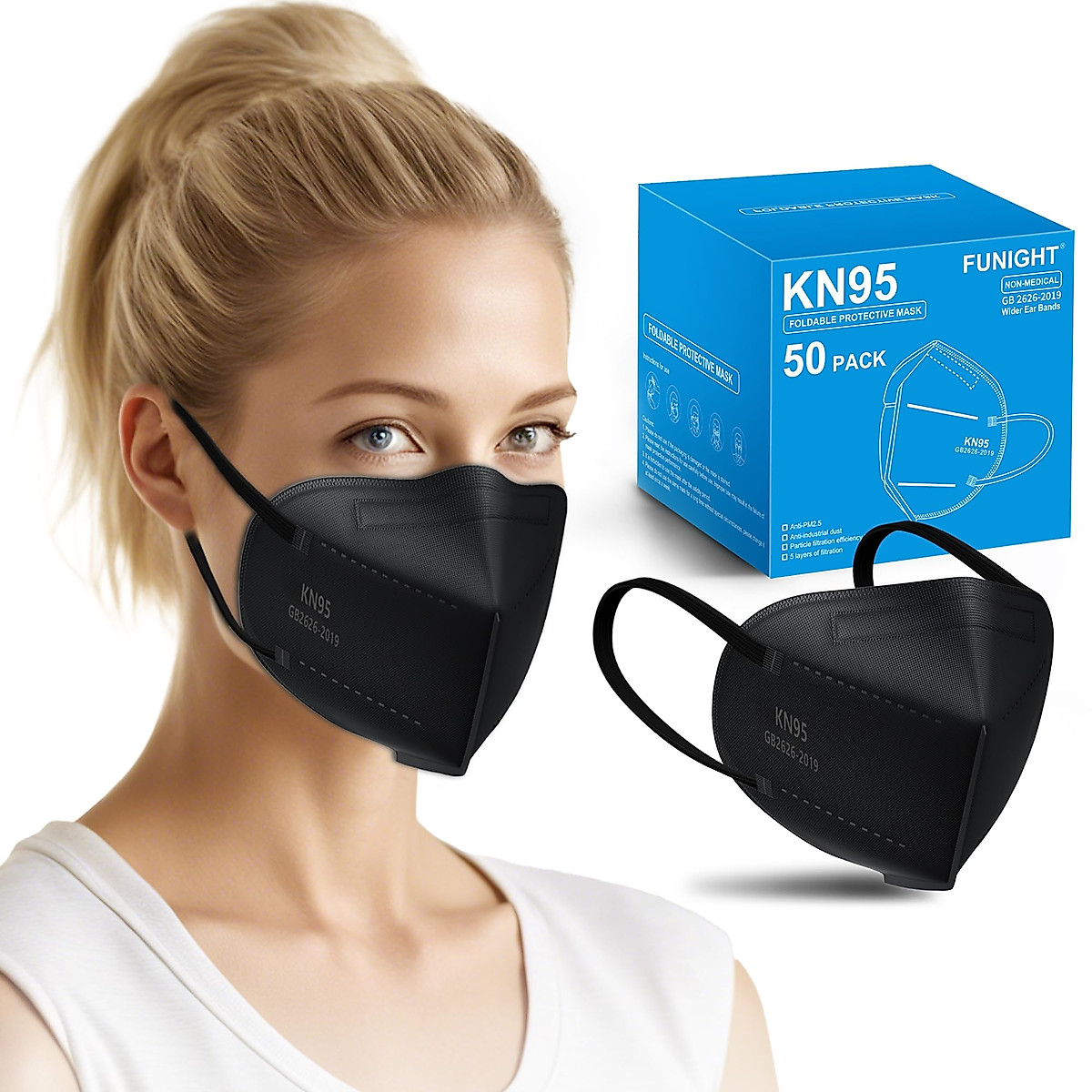 Funight KN95 Face Masks for Adults 50 Pack, 5 Layer Black Disposable Dust Face Mask,Filter Efficiency≥95% Safety Breathable Mask