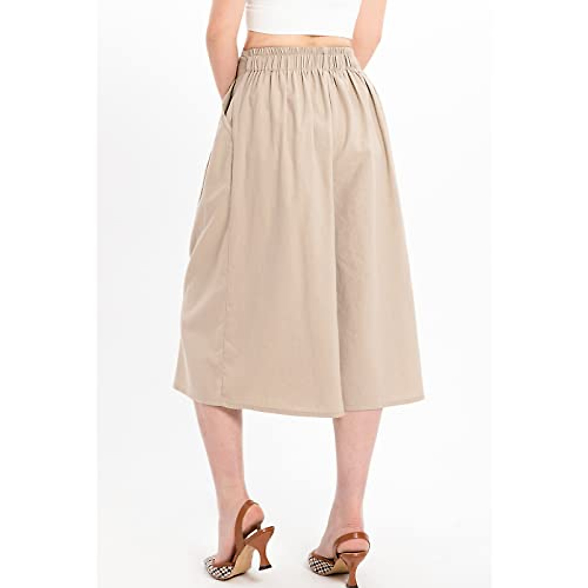 Lisskolo Linen Pants for Women Cropped Wide Leg Elastic Waist Casual Culottes Pants with Pockets Khaki XL