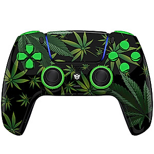 HEXGAMING ULTIMATE 4 Mappable Back Buttons & Replaceable Thumbsticks & Hair Trigger Black Rubberized Grip Compatible with ps5 Pro Custom Controller PC Wireless FPS eSport Gampad - Green Leaves
