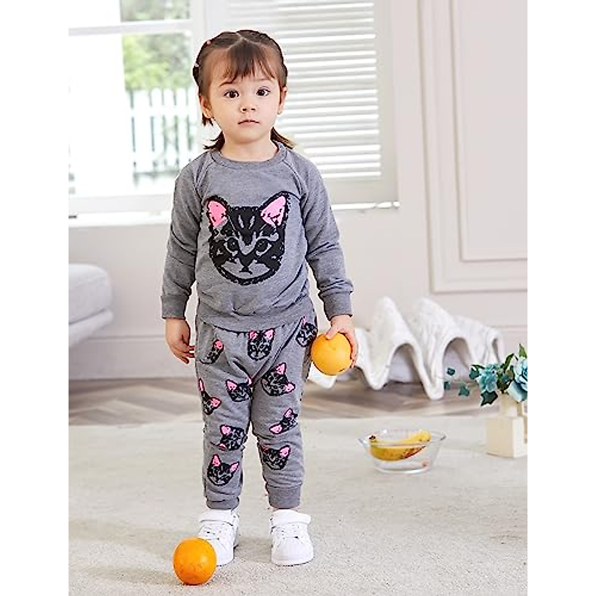 puseky Toddler Kids Girls Cute Cat Sweatshirt Tops & Pants Tracksuit Outfits Set (3T-4T, Grey)