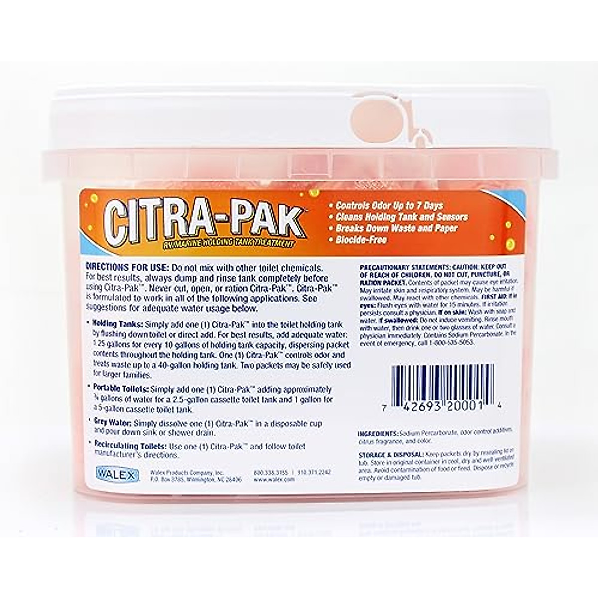 Walex Citra-Pak RV/Marine Holding Tank Deodorizer Drop-Ins - Waste Breakdown & Odor Control, Cleans Holding Tank & Sensors, Biocide-Free, Treatment for RVs, Boats, & Portable Toilets - Citrus, 30 Pack