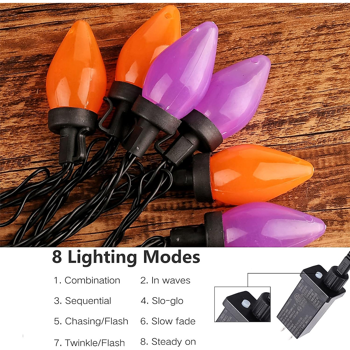 RECESKY C7 Halloween String Lights - 50 LED 24Ft Smooth Bulb Orange Purple Lights with Timing Function - Extendable 8 Modes Halloween Lighting for Indoor Lawn House Halloween Party Decorations