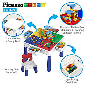 PicassoTiles Kids Multi Activity Table, Storage Bin & Chair Set Combo, 581 PCs Building Block with Marble Run Play Table Compatible with Building Bricks Blocks STEM Toy for Boys & Girls Ages 3+
