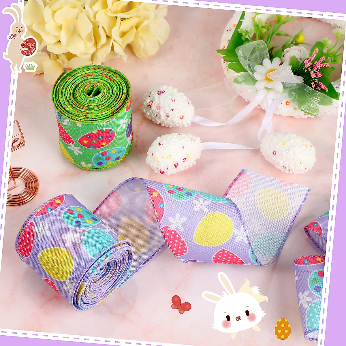 2 Rolls Easter Ribbon Easter Eggs Wired Edge Ribbon 2.5 Inch 20 Yards Lavender Easter Fabric Ribbons Green for Easter Wreath Decoration Wrapping Floral Bows