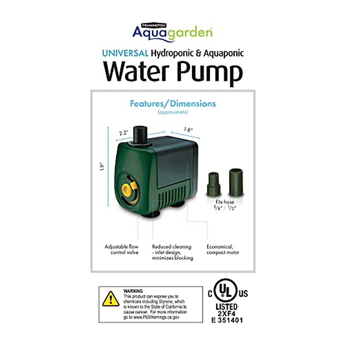 Pennington Aquagarden Aquagarden, Universal Hydroponic & Aquaponic Water Pump, Designed to Run Hydro/Aquaponic Systems, Aquariums, Fountains, Water Features, Max Flow 75 gal/hr, Max Pump Height 2’7”