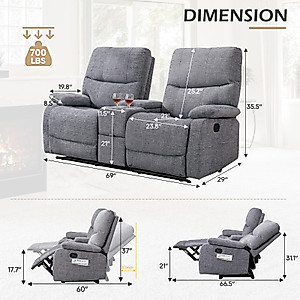 VUYUYU Reclining Sofa, Double Reclining Loveseat with Console, 2 Seater Sofa Home Theater Seating, Fabric Recliner Sofa Couches with Storage and Cup Holders (Gray)