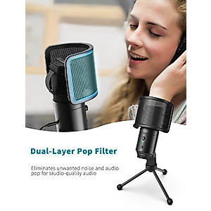 FIFINE USB Desktop Microphone 3.5mm/6.35mm Headphones for Studio Monitor, PC Microphone with Gain Control and Mute Button, Black Podcast Headphones with Coiled Cables, Soft Earmuffs (K683A+H8)