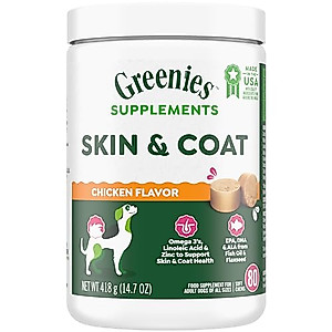 Greenies Supplements Dog Skin and Coat Supplements with Fish Oil & Omega 3 Fatty Acids, Chicken Flavor, 80 Count Soft Chews, 14.7 oz.