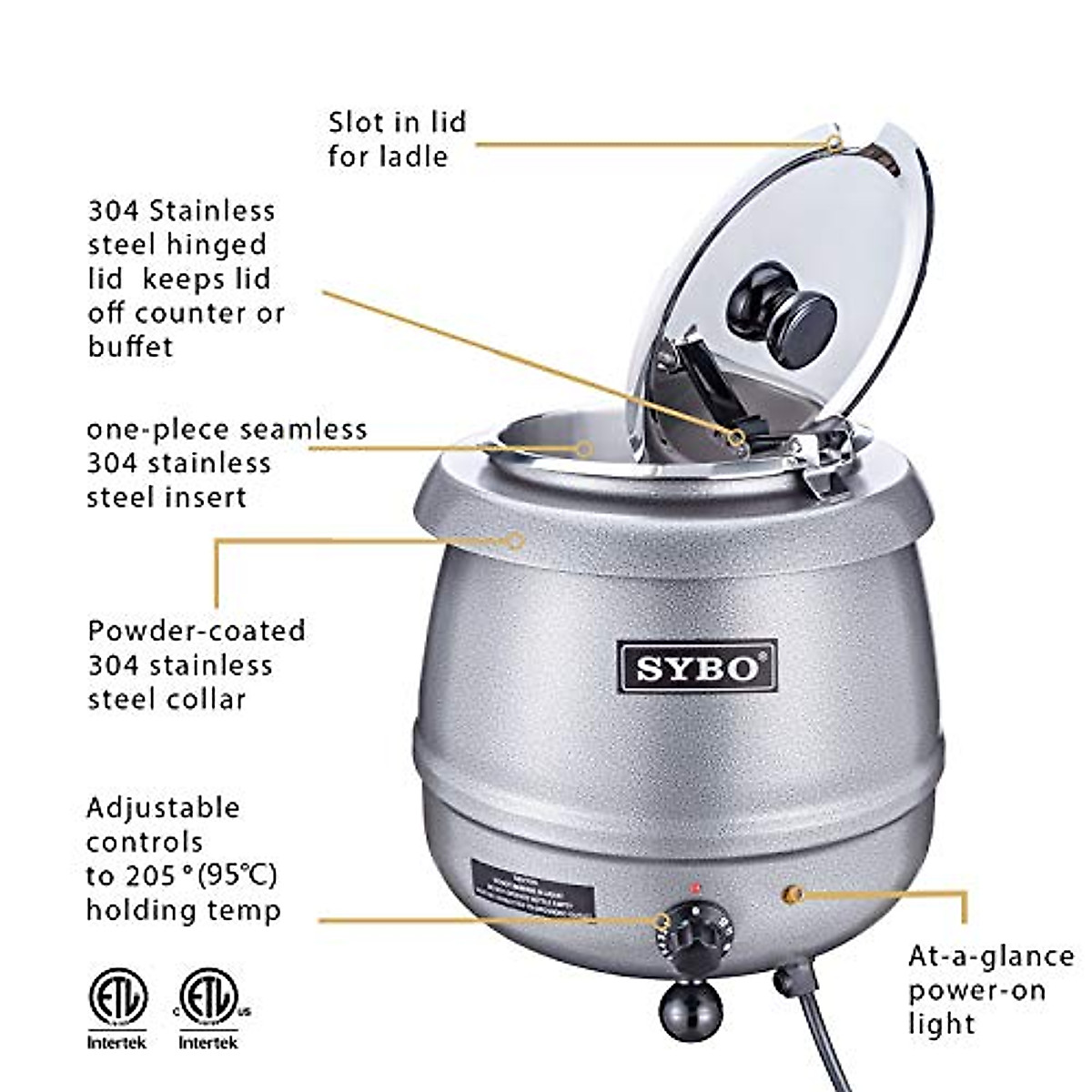 SYBO Stainless Steel Soup Kettle with Hinged Lid and Insert Pot, 10.5 Quarts, Commercial Grade & DL2112 Commercial Grade Food Heat Lamp Portable Electric Food Warmer 2-Bulb with Free-Standing,Silver
