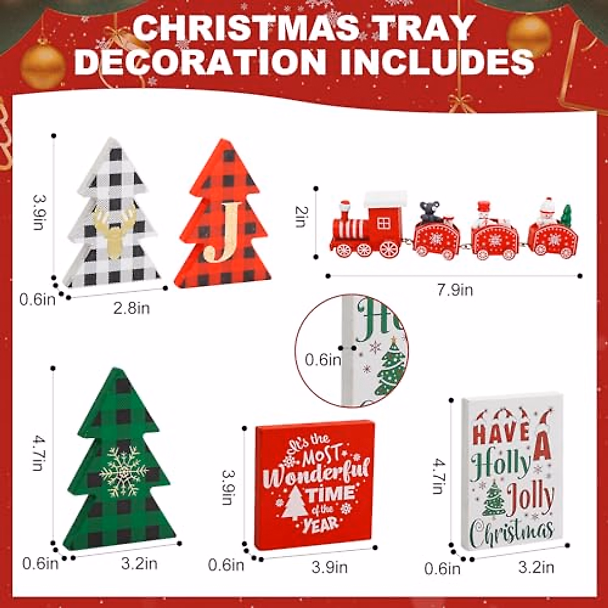 Christmas Decor, Christmas Decorations Indoor, 9PCS Christmas Tiered Tray Decor, Christmas Table Decorations with Christmas Train Set, Farmhouse Home Room Kitchen Mantle Decor