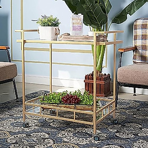 VLOBAOM Home Bar Serving Cart, Gold Rolling Serving Cart with Lockable Wheels, Mobile Home Coffee Station Drink Beverage Cart,30''Dx17''Wx31''H,Gold