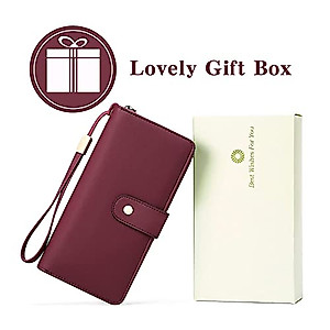Arrow Dancer Women's 100% Leather Wallet RFID Blocking Girls Best Choice Designer Phone Holder Clutch Travel Purse Wristlet Ladies Clip Bifold Zipper Buckle 15+ Handy Money Card ID Slots (Maroon)