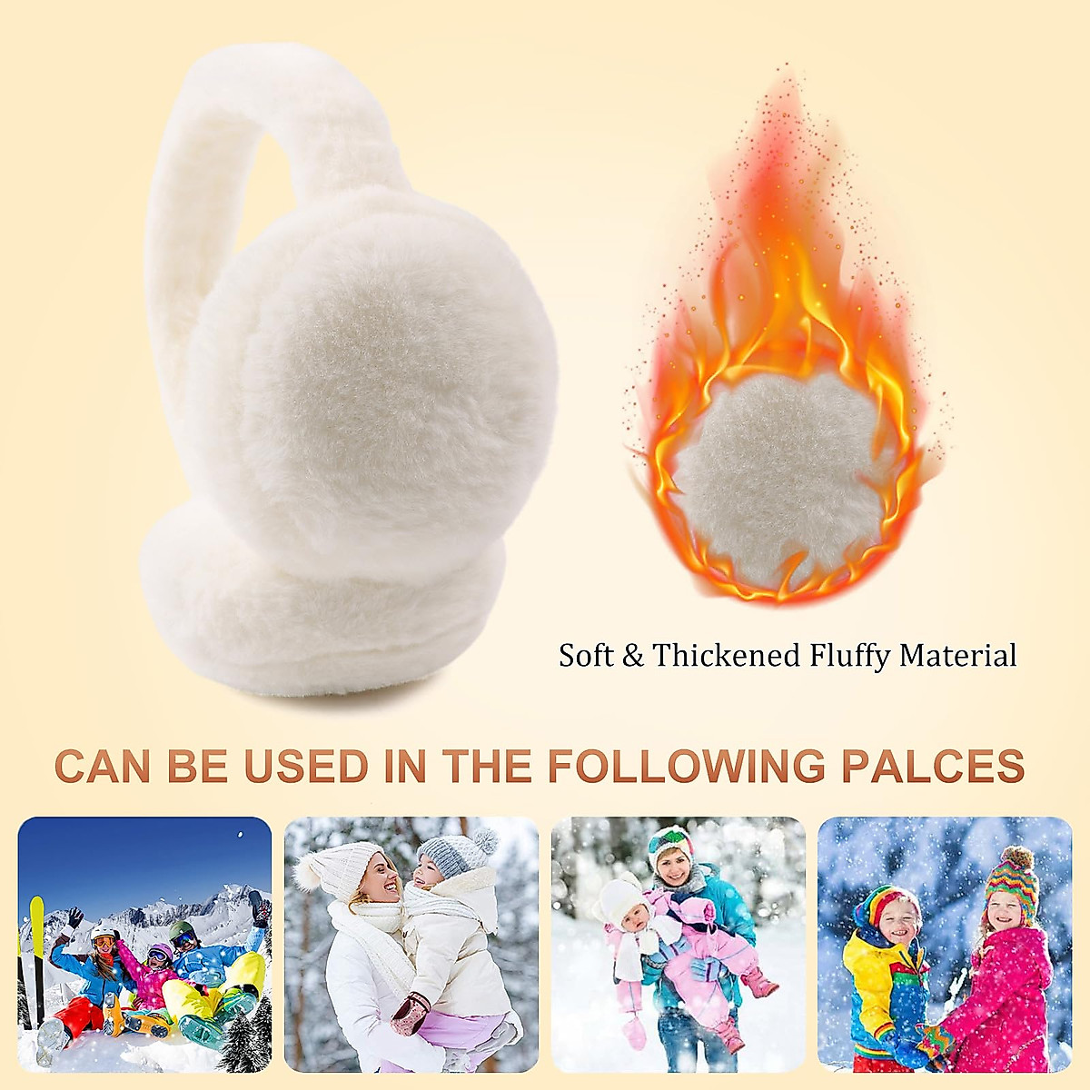 PESAAT Fluffy Ear Muff for Women Plush Foldable Earmuffs Kids Winter Earmuffs Girls Boys Cold Weather Ear Warmer (White)