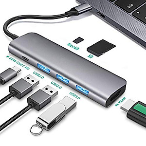 USB C Hub HDMI,7-in-1 Aluminum USB Type C Multi-port Adapter Dongle with 4K HDMI, 60W PD Charging,3 USB 3.0 Ports,SDMicro,Compatible with MacBook,HP Spectre,Dell XPS, Lenovo Yoga,ChromeBook,Surface Go