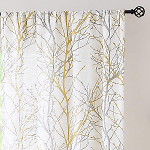 FMFUNCTEX Print Yellow Grey White Curtains for Living Room Linen Textured Tree Branches Pattern Window Treatment Set for Bedroom Window Drapes 50" W x 96" L - (2 Panels) Rod Pocket