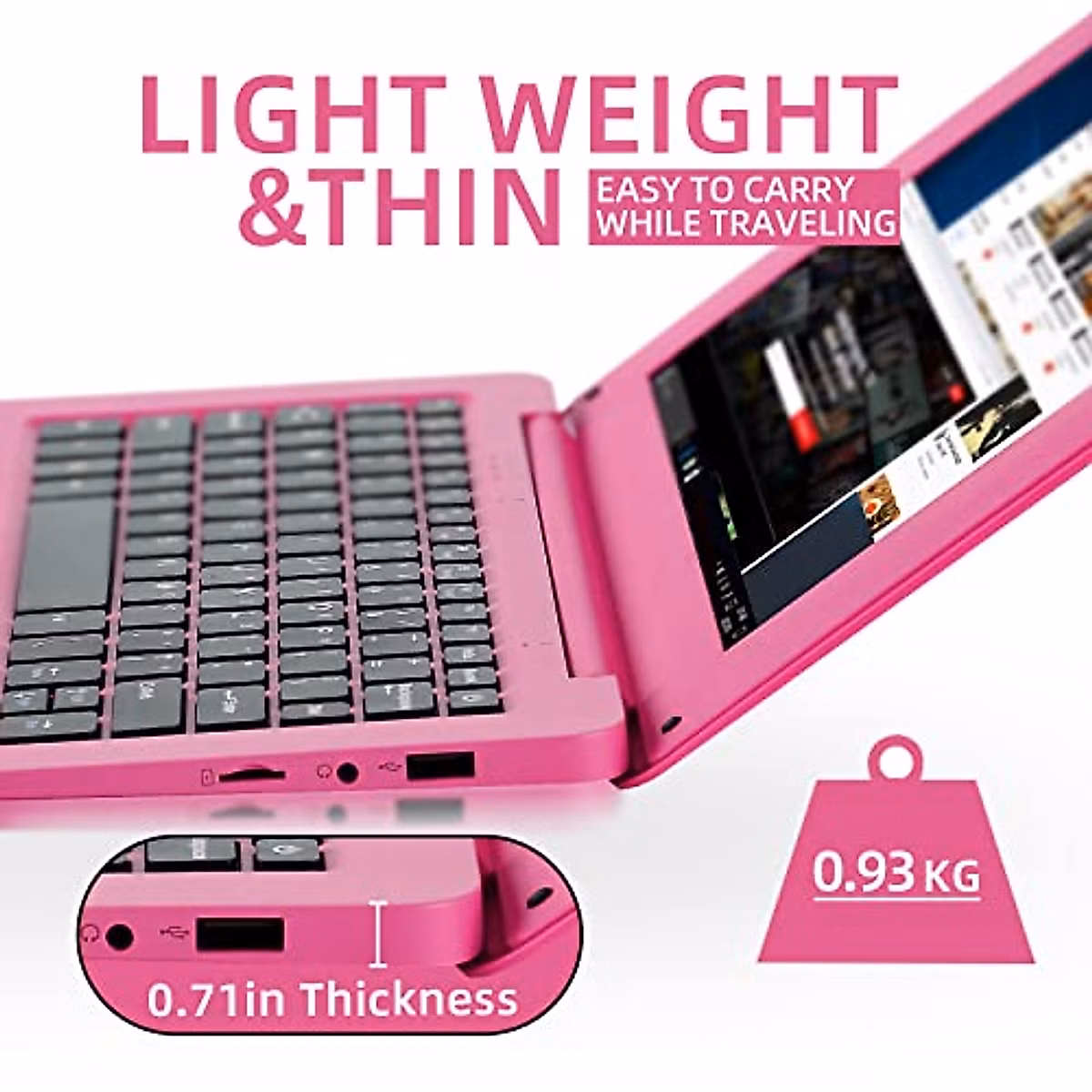 Monitech 10.1” Mini Laptop, 2GB RAM and 32GB SSD Netbook, Small Laptop with USB 3.0, Full HD IPS Display Pink Laptop Computer, Dual Core Lightweight Laptop, Ultra Thin Notebook Computer Windows 10